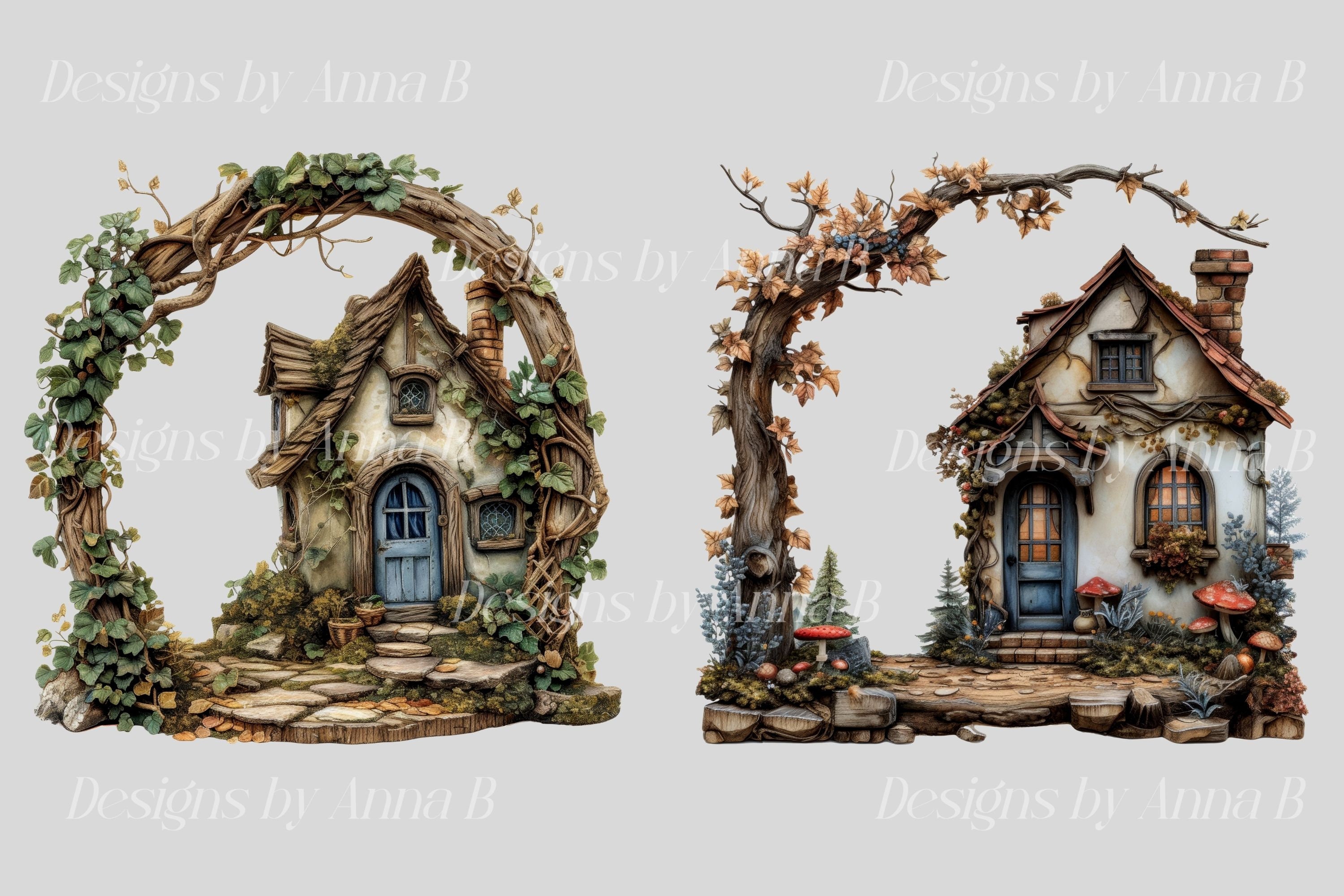 Watercolor Fairy House Clipart: Fantasy Home PNG Graphics (digital ...