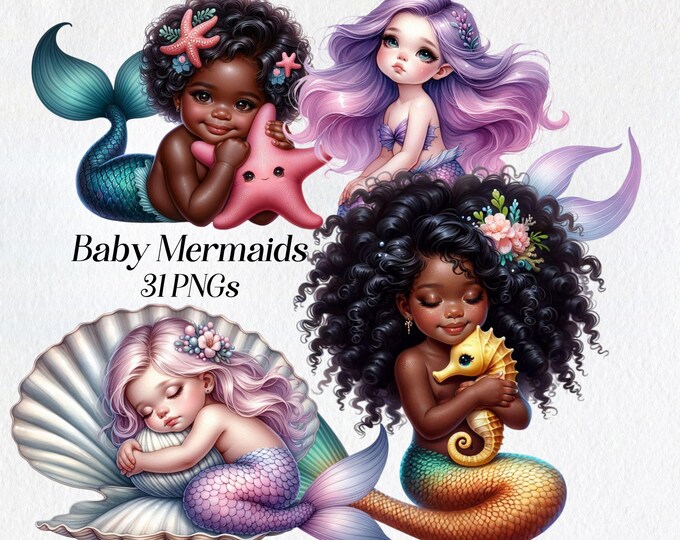 Cute Mermaid and Friends Clipart With Watercolor Digital Clipart Set ...