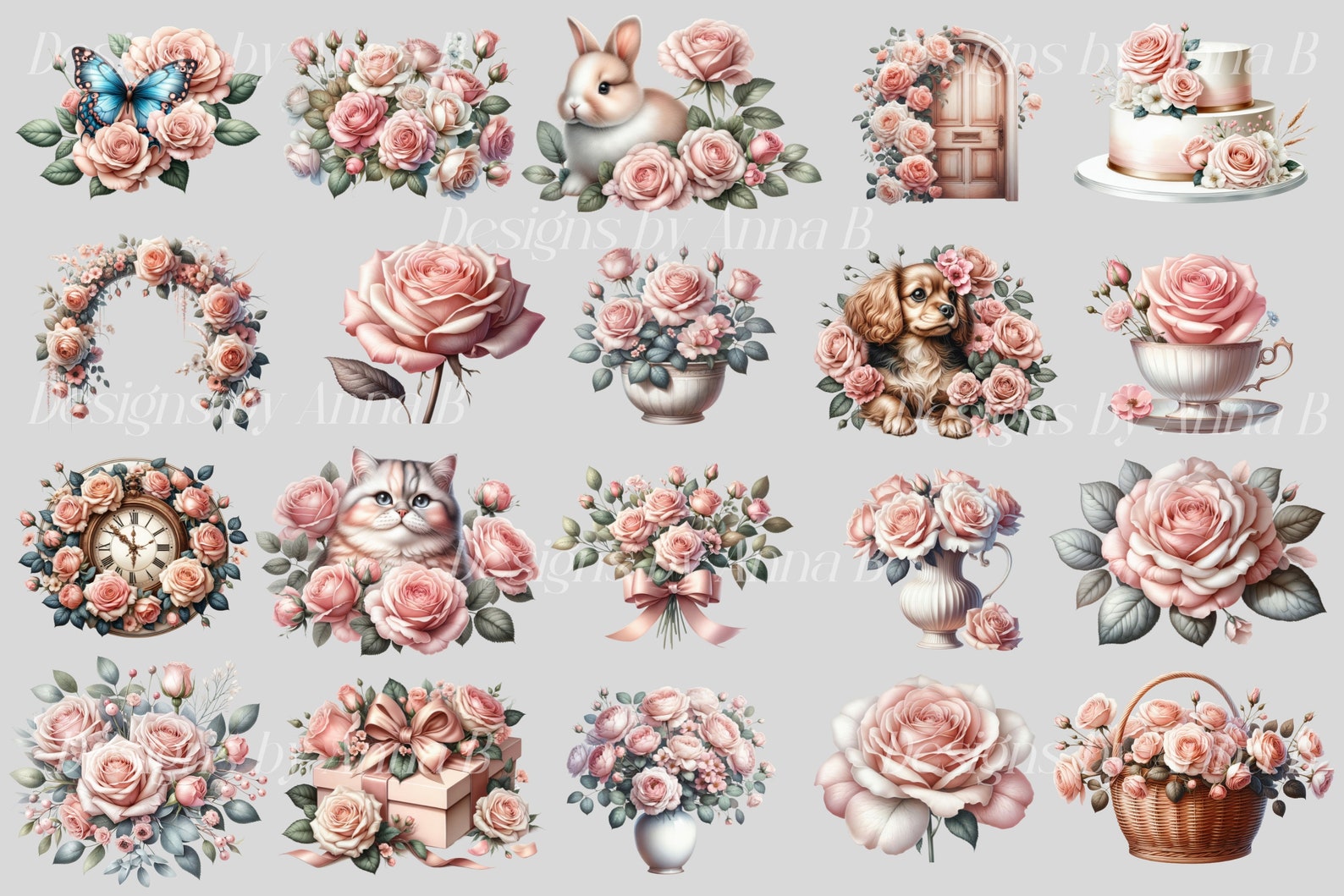 Watercolor Pink Roses Clipart Bundle: 219 PNG Floral Graphics (digital ...