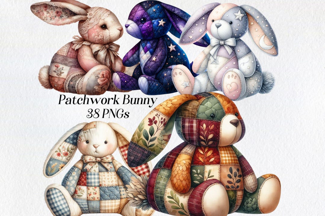 Patchwork Bunny Clipart, Watercolor Cute Rabbit Plush Clip Art, Png ...
