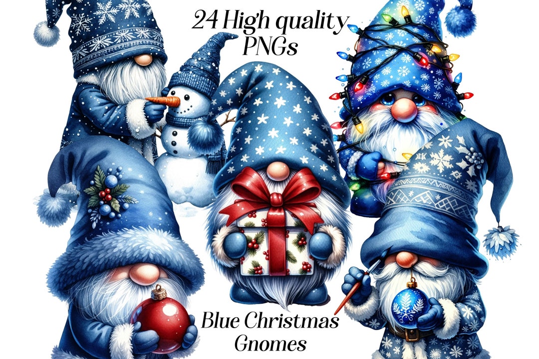 Watercolor Blue Christmas Gnomes Clipart, 24 High Quality PNG Files ...