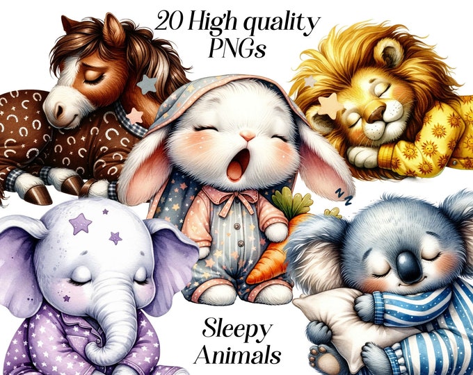 Watercolor Sleepy Animals Clipart Bundle, Cute Animals PNG, Cute Animal ...