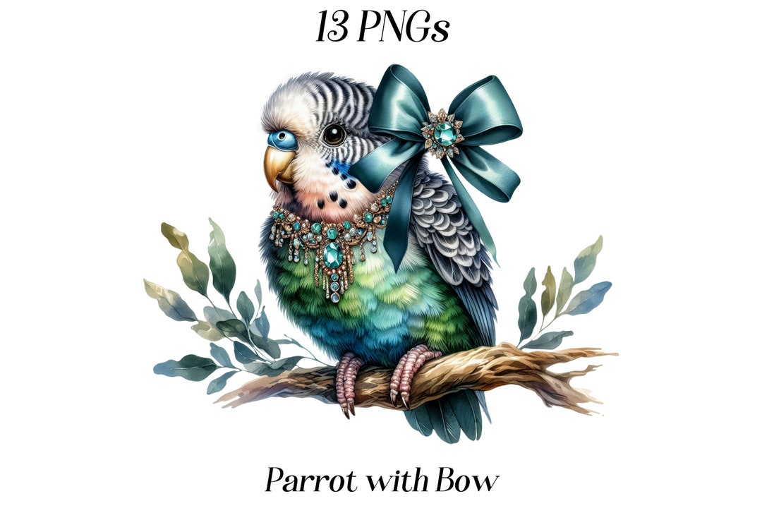 Watercolor Parrot Clipart: Exotic Bird With Bow (13 PNG Files) - Etsy