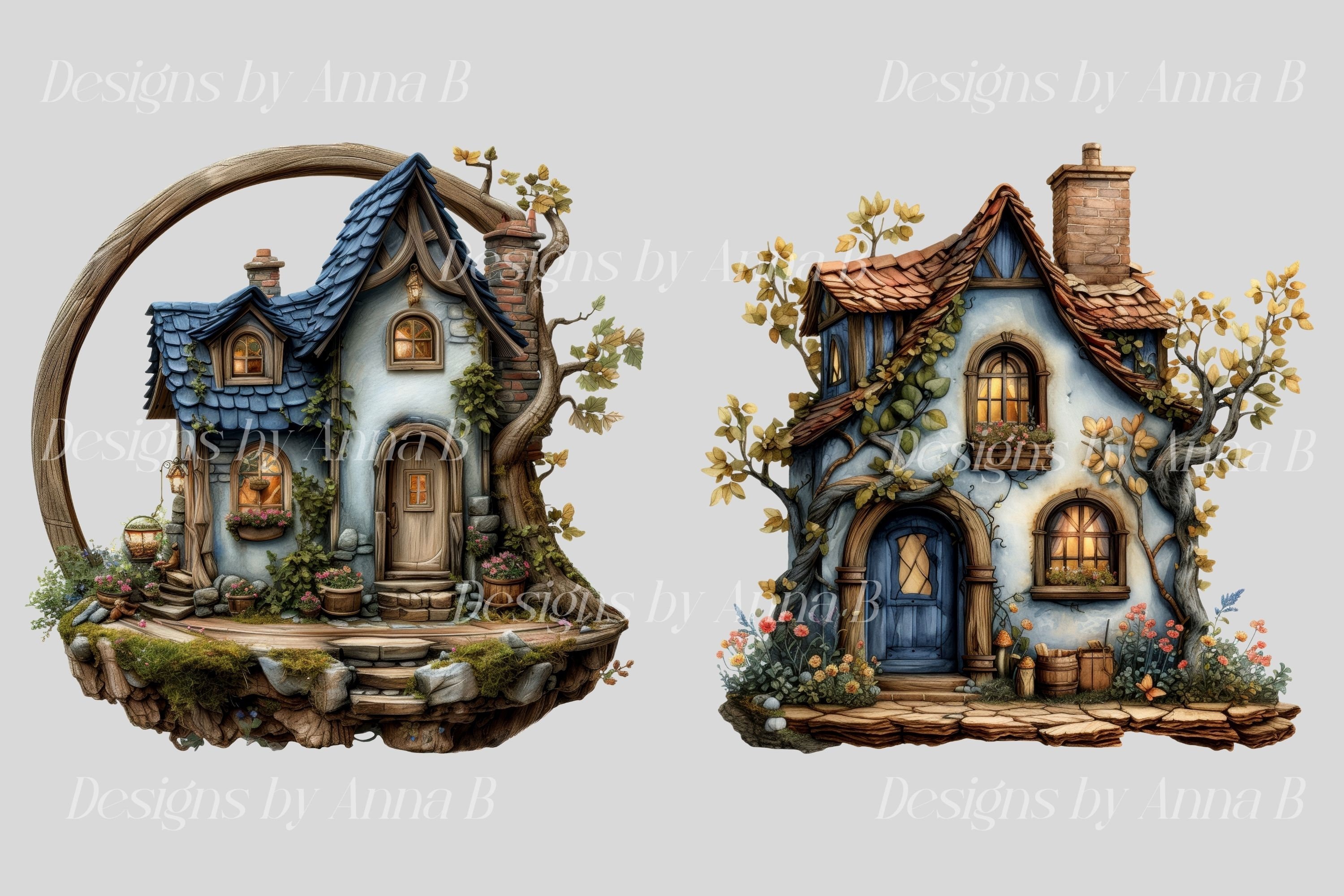 Watercolor Fairy House Clipart: Fantasy Home PNG Graphics (digital ...
