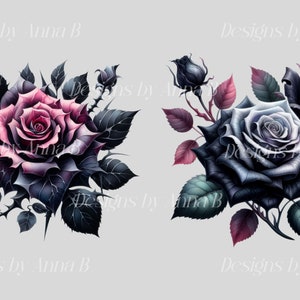 Watercolor Gothic Rose Clipart, 10 PNG Files, Goth Clip Art, Rose ...
