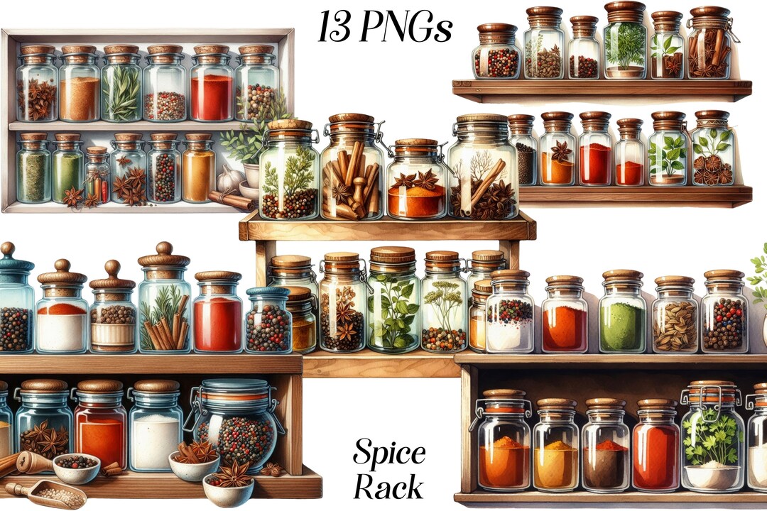 Watercolor Spice Rack Clipart, 13 PNG Files, Cooking Clip Art, Kitchen ...