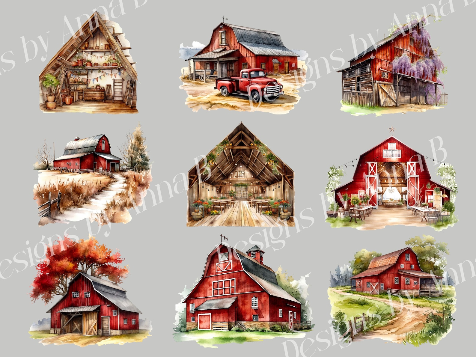 Watercolor Red Barn Clipart: Rural Farmhouse PNG Graphics (35 Files) - Etsy