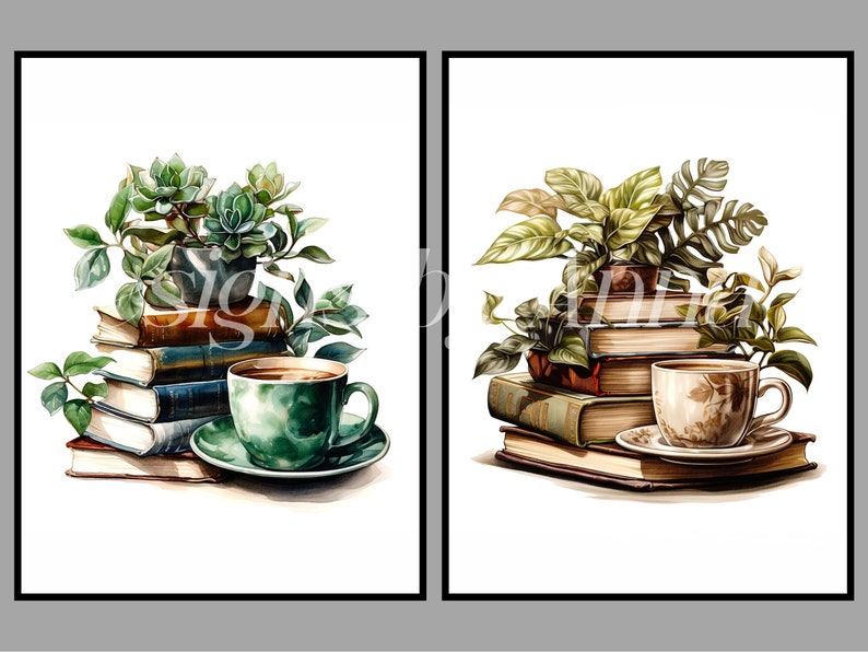 Watercolor Books and Coffee Clipart: JPEG & PNG Files (digital Download ...