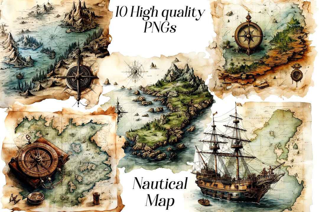 Watercolor Nautical Map Clipart: Vintage Treasure Map Graphics (PNG ...