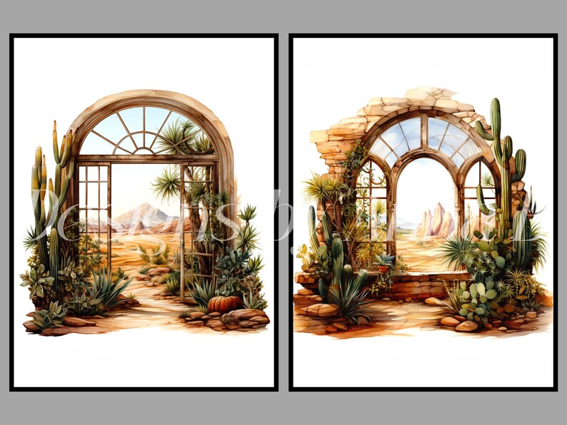 Watercolor Desert Window Clipart: Cactus PNG, JPEG Files (digital ...