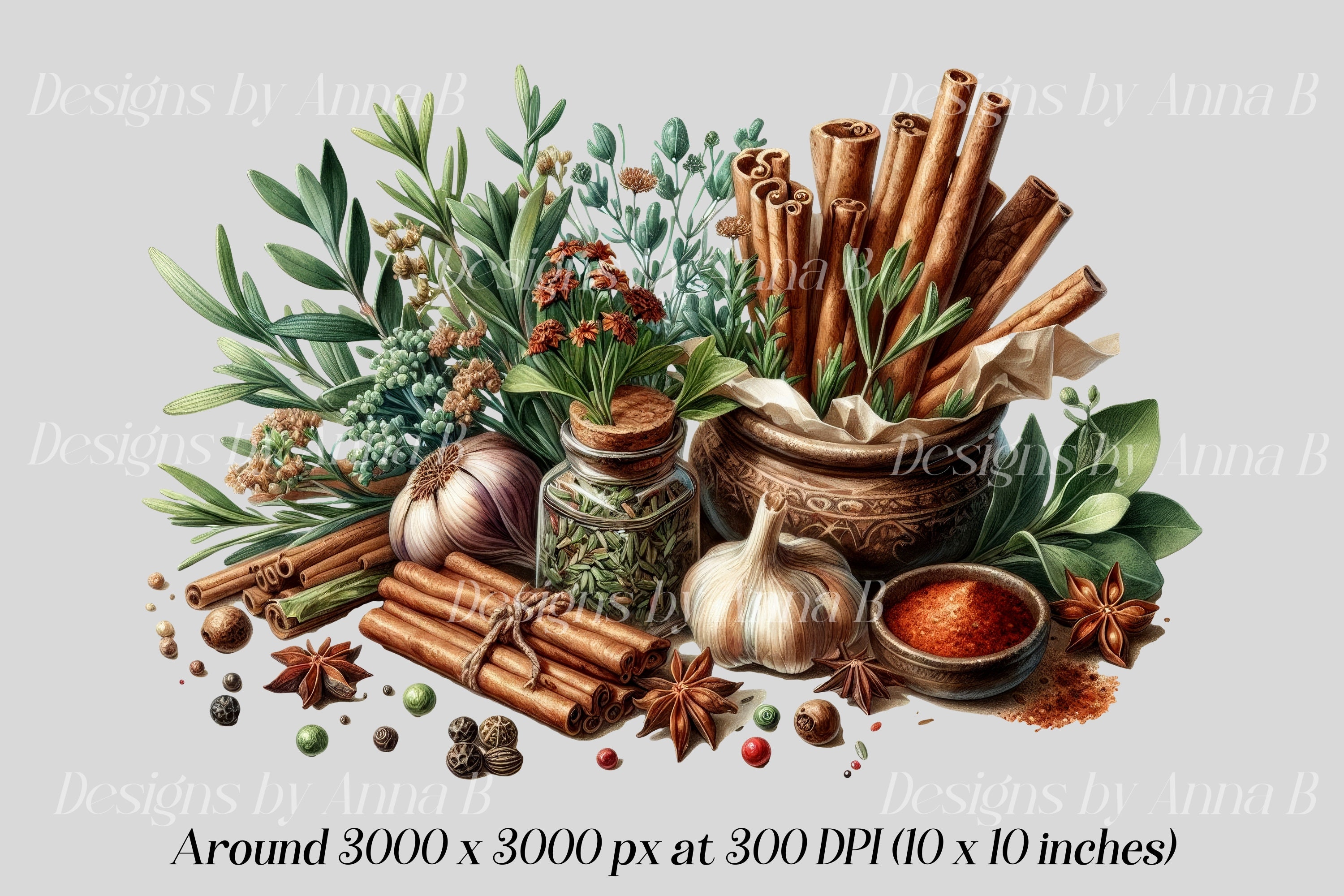 Watercolor Rustic Herbs and Spices Clipart: Kitchen Art (12 PNG Files ...