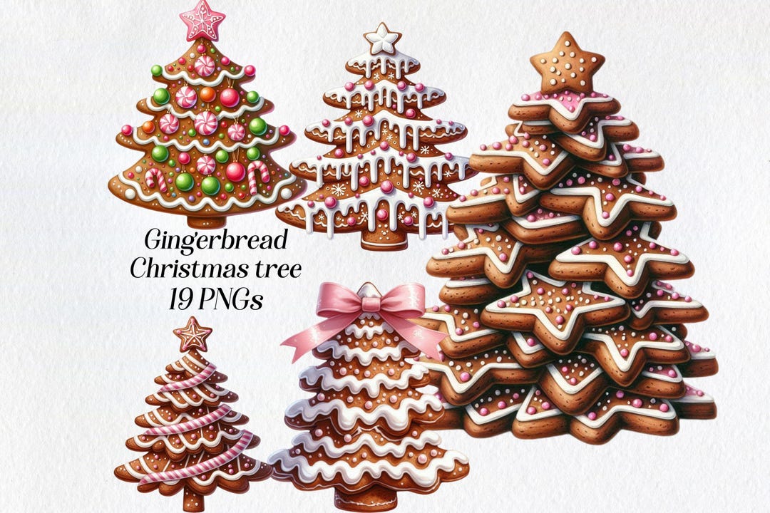 Gingerbread Christmas Tree Clipart: Watercolor PNG Set (digital ...