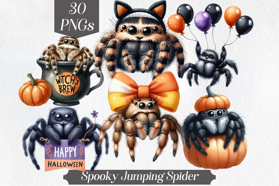 Spooky Halloween Jumping Spider Watercolor Clipart (digital Download ...