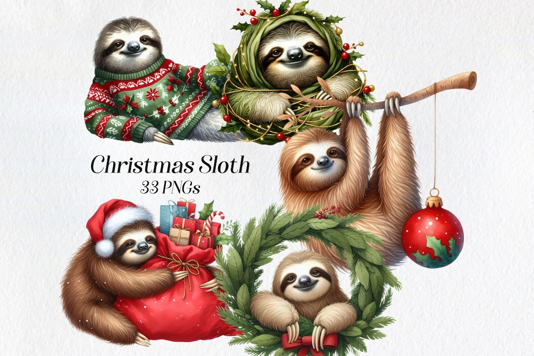 Christmas Sloth Clipart, Cute Sloth, Png, Christmas Animals, Xmas Decor ...