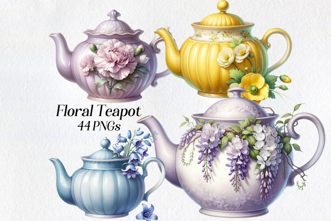 Floral Teapot Clipart: Vintage Tea Party PNG Graphics (digital Download ...