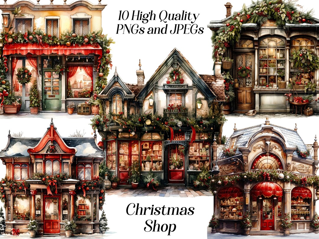 Watercolor Christmas Storefront Clipart: Festive Shop Graphics (JPEG ...