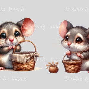 Watercolor Mouse With Basket Clipart, 12 PNG Files, Cute Mouse, Mice ...