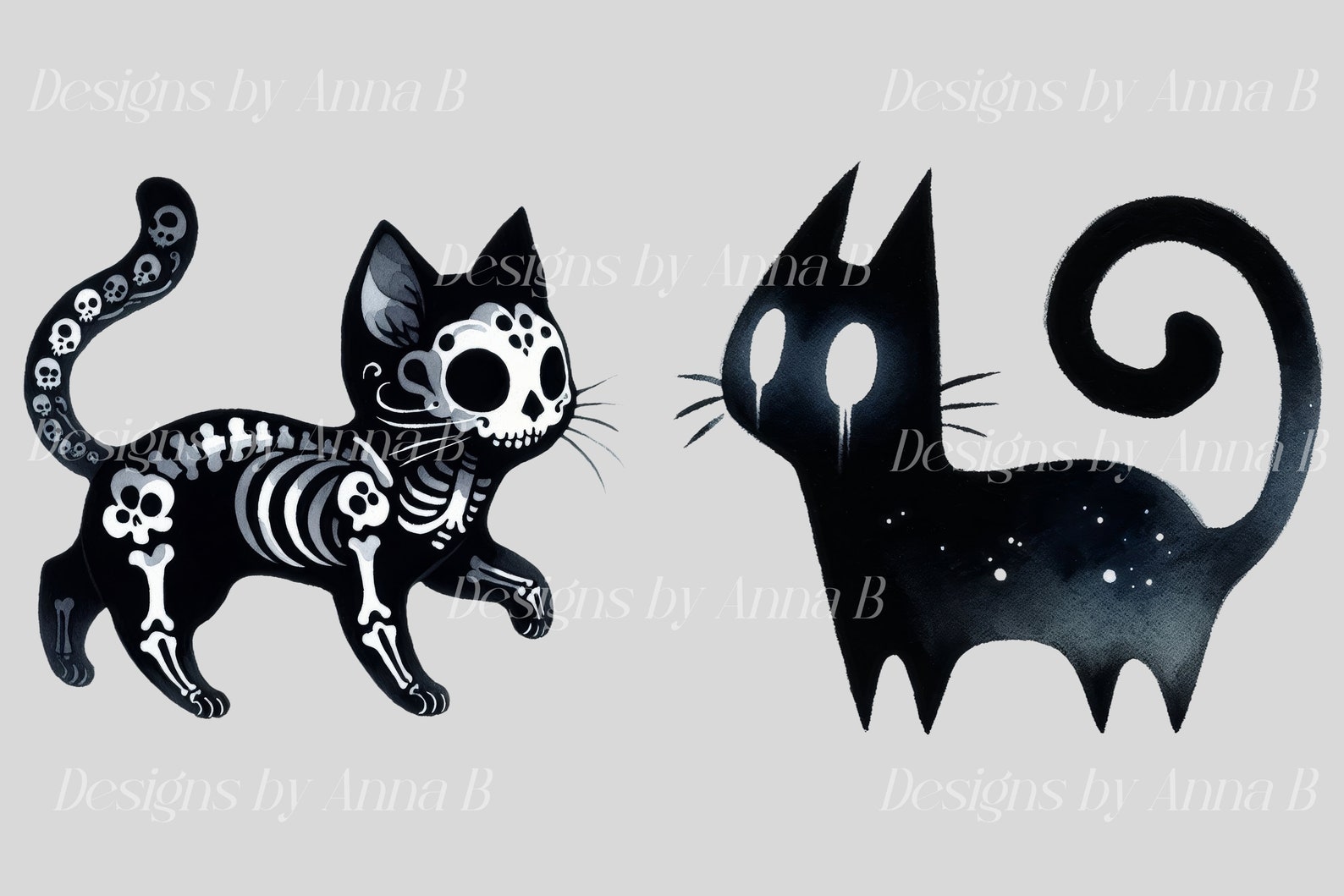 Watercolor Gothic Black Cat Clipart: Halloween Skeleton Kitten (PNG ...