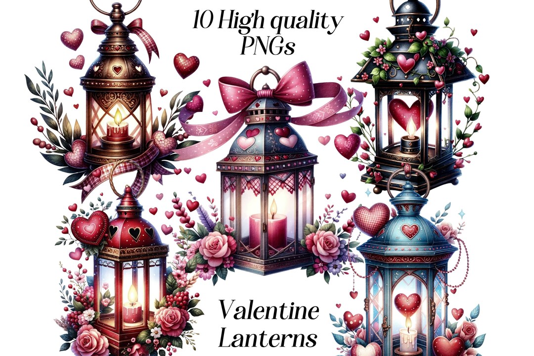 Watercolor Valentine Lanterns Clipart, 10 High Quality PNG Files ...