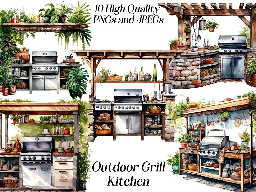 Watercolor Outdoor Kitchen Clipart, 10 High Quality JPEG and PNG Files ...