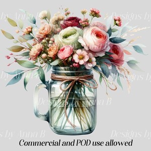 Watercolor Flowers in Mason Jar Clipart, 15 PNG Files, Floral, Bouquet ...