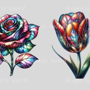 Watercolor Stained Glass Flowers Clipart: Floral Botanical PNG (digital ...