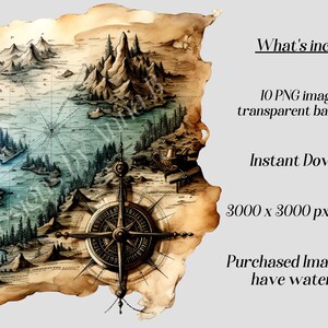 Watercolor Nautical Map Clipart: Vintage Treasure Map Graphics (PNG ...