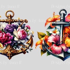 Watercolor Floral Anchors Clipart, 15 High Quality PNG Files, Nautical ...