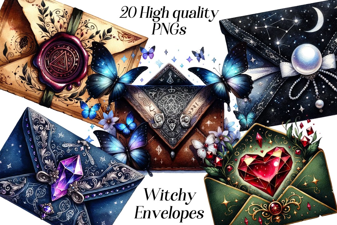 Watercolor Witchy Envelopes Clipart, 20 High Quality PNG Files, Magic ...