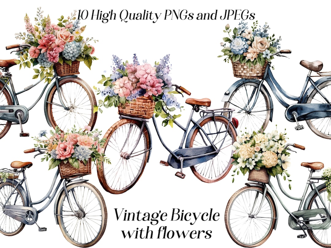 Watercolor Vintage Bicycle Clipart: Floral Bike Graphics (JPEG, PNG) - Etsy
