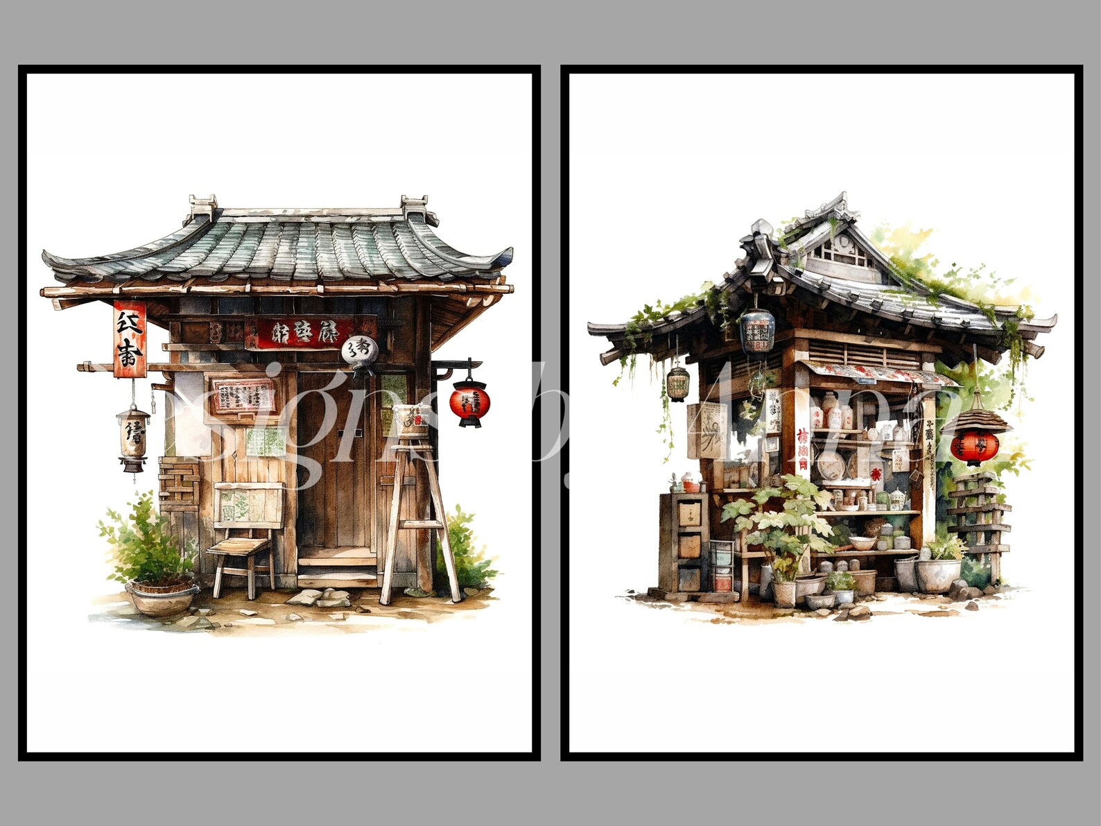 Watercolor Japanese Storefront Clipart, JPEG PNG Files (digital ...