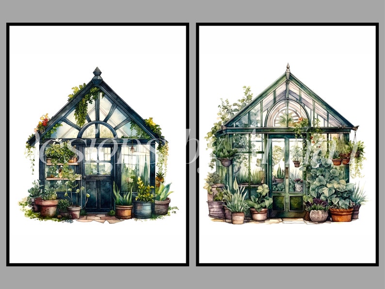 Watercolor Greenhouse Clipart: Botanical Garden Illustrations (PNG ...