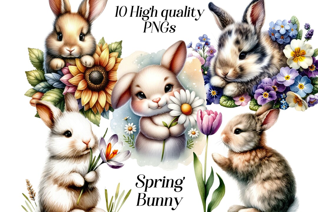 Watercolor Spring Bunny Clipart, 10 High Quality PNG Files, Cute Bunny ...
