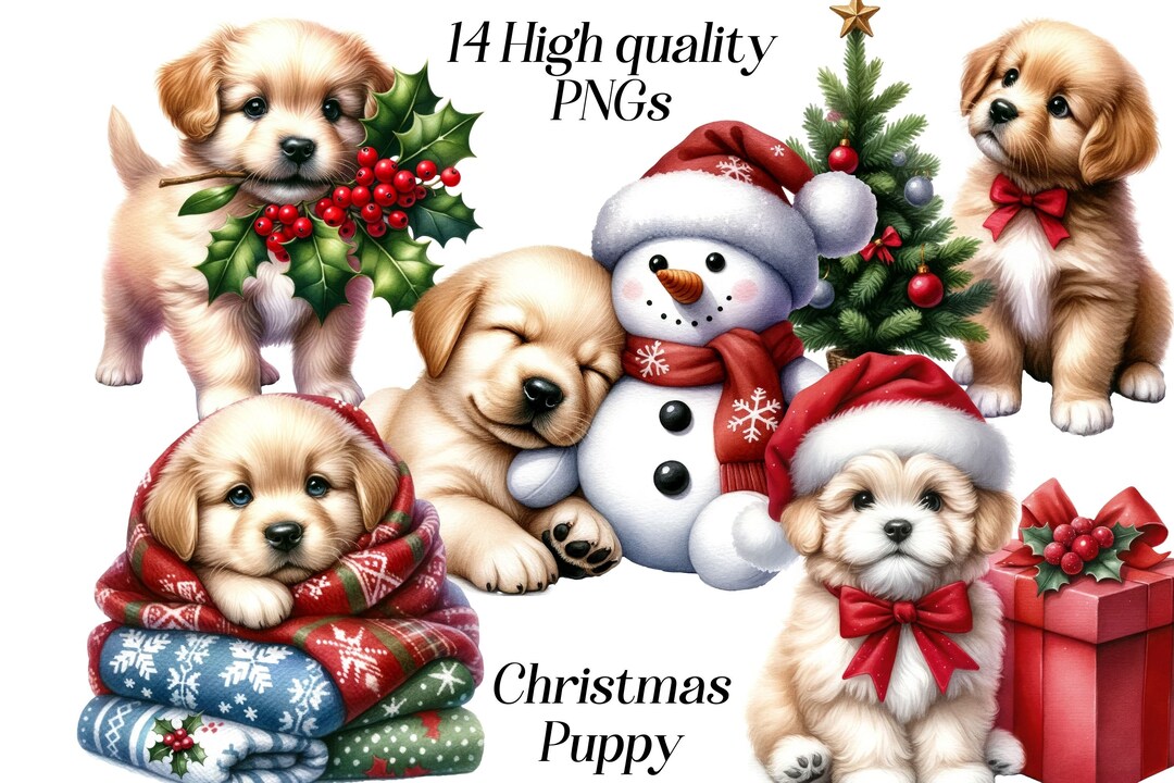 Watercolor Christmas Puppy Clipart, 14 High Quality PNG Files ...