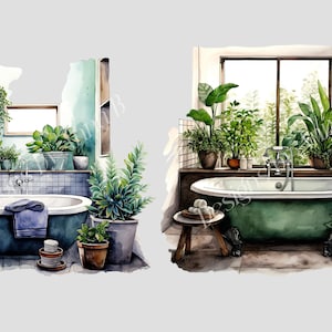 Watercolor Bathroom With Plants Clipart, 10 High Quality PNG Files ...