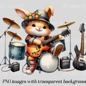Watercolor Rockstar Bunny Clipart, 13 PNG Files, Cute Bunny, Rocker ...