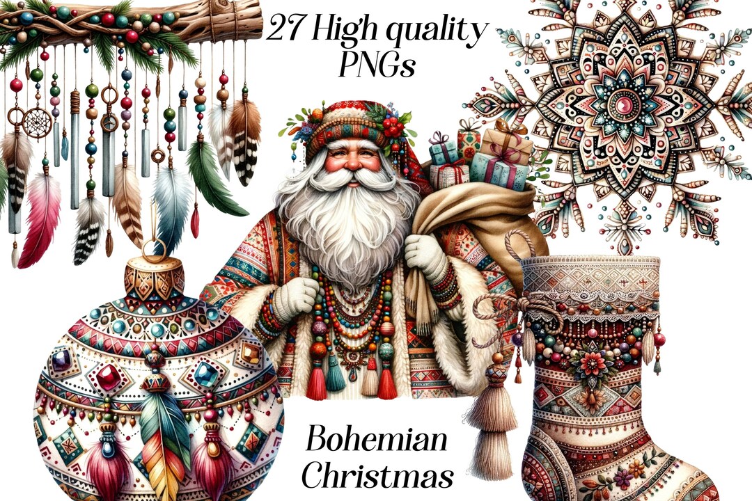 Watercolor Bohemian Christmas Clipart: 27 PNG Festive Graphics (digital ...