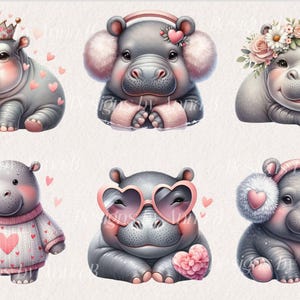 Watercolor Hippo Clipart, Valentine's Day Animals (digital Download) - Etsy