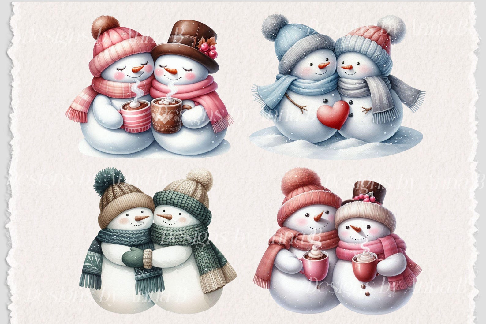 Watercolor Hugging Snowman Clipart: 24 PNG Festive Graphics (digital ...