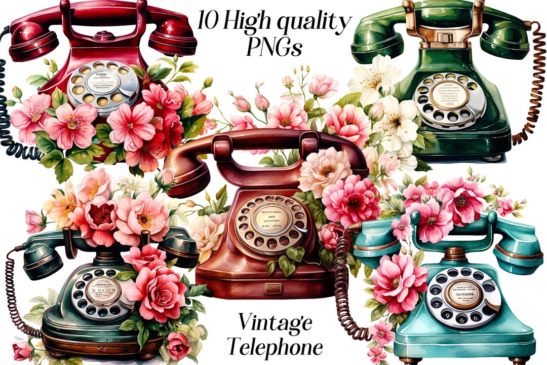 Watercolor Vintage Telephone Clipart, 10 High Quality PNG Files ...