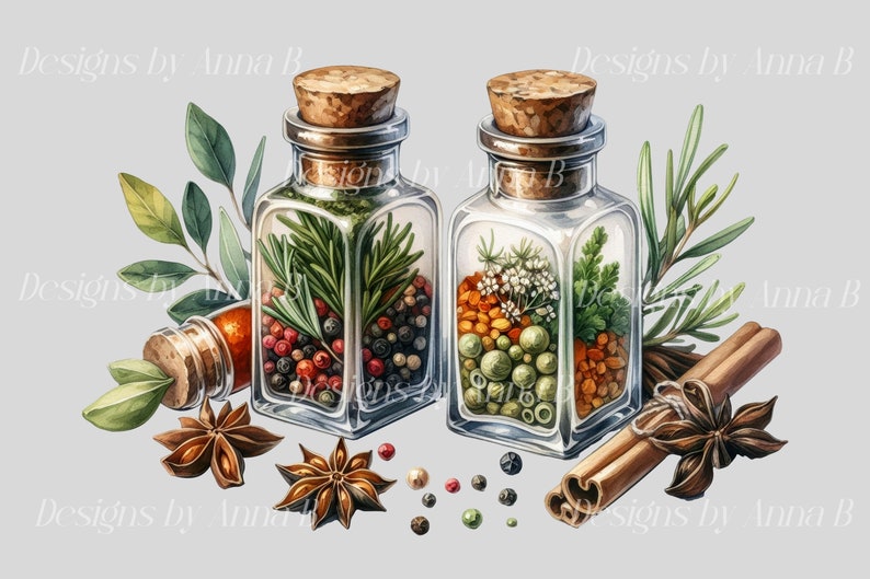 Watercolor Herbs Clipart: Spices in Bottles, Kitchen Art (12 PNG Files ...