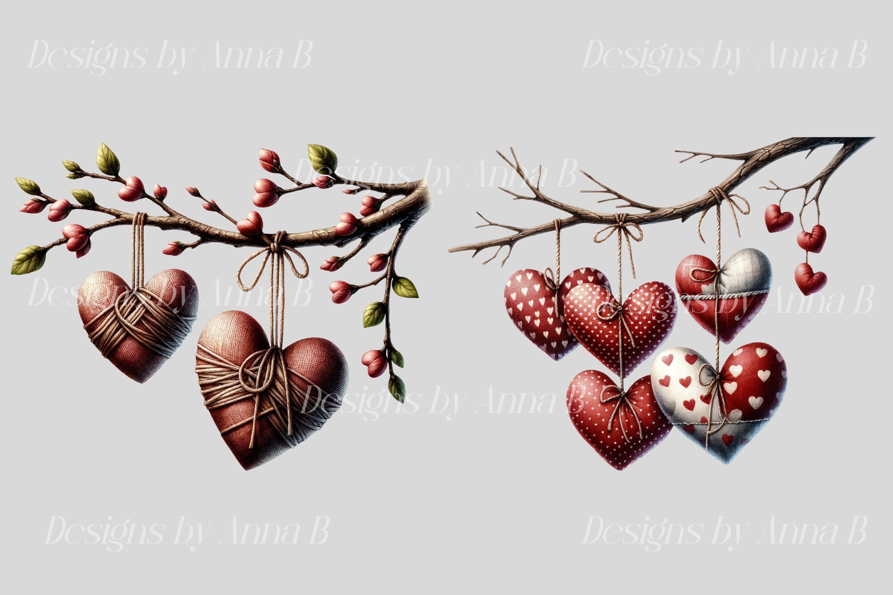 Watercolor Hanging Hearts Clipart: Valentine's Day PNG Graphics ...