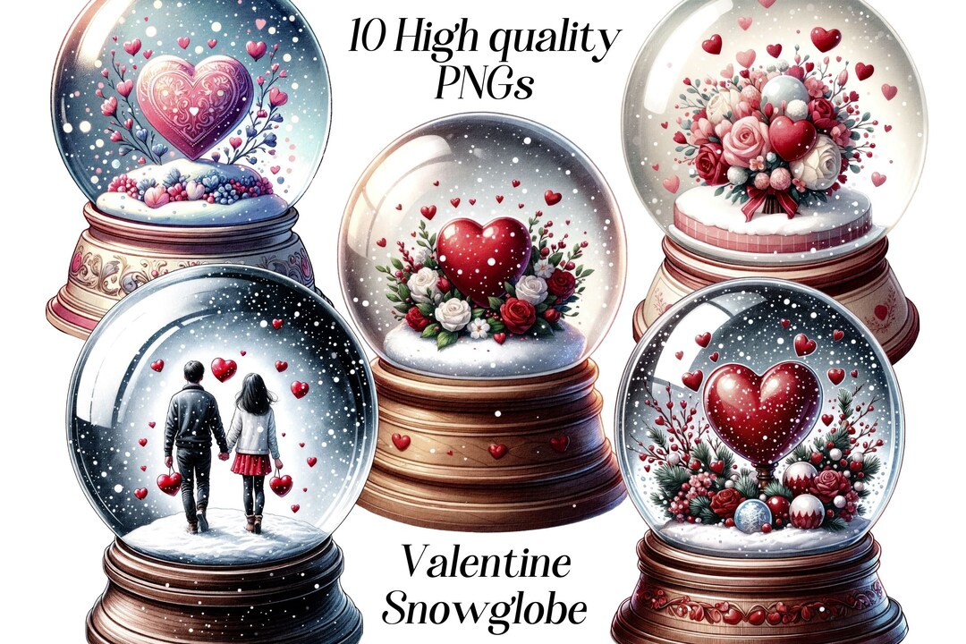 Watercolor Valentine Snowglobe Clipart, 10 High Quality PNG Files, Snow ...