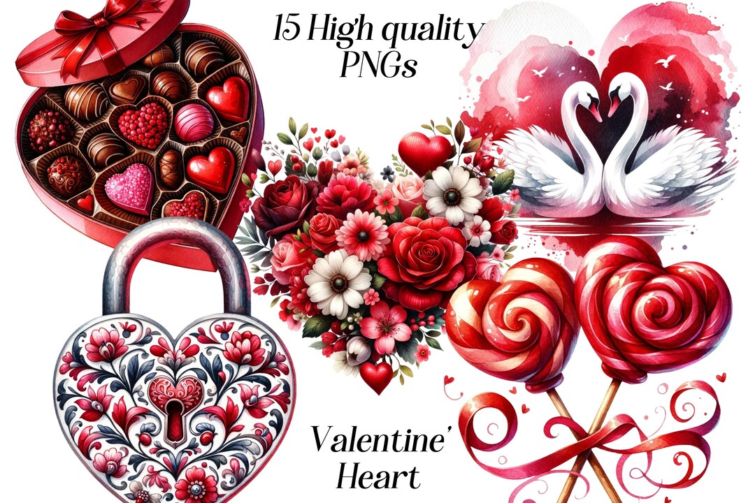 Watercolor Valentine Heart Clipart, 15 High Quality PNG Files, Love ...