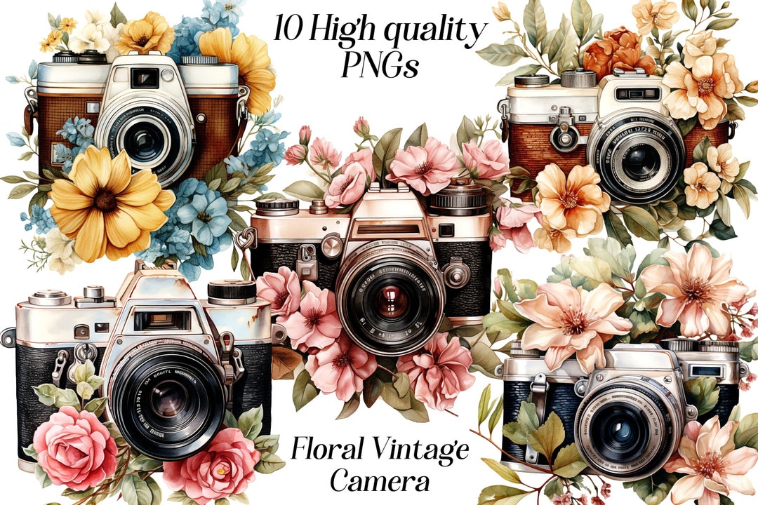 Watercolor Floral Vintage Camera Clipart, 10 High Quality PNG Files ...