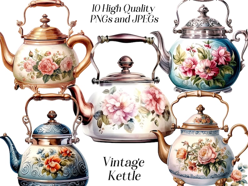 Watercolor Vintage Kettle Clipart: Floral Kitchen Illustration (JPEG ...