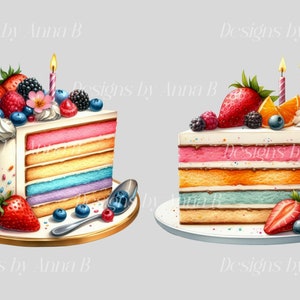 Watercolor Birthday Cake Slice Clipart: 10 PNG Graphics (digital ...