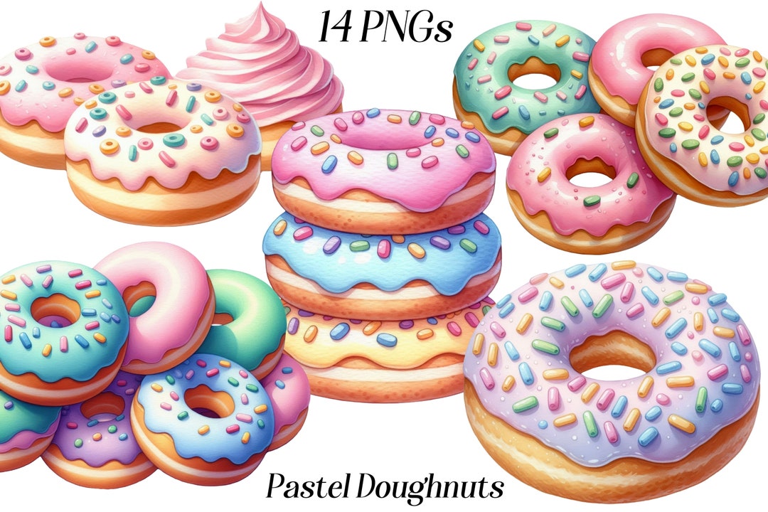 Watercolor Pastel Doughnuts Clipart, 14 PNG Files, Food Clip Art, Sweet ...