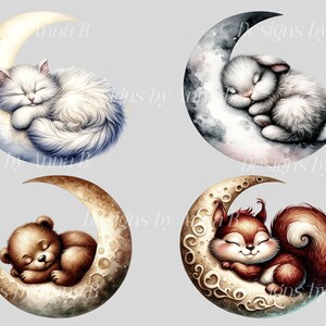 Watercolor Sleepy Animals on Crescent Moon Clipart (PNG Files) - Etsy