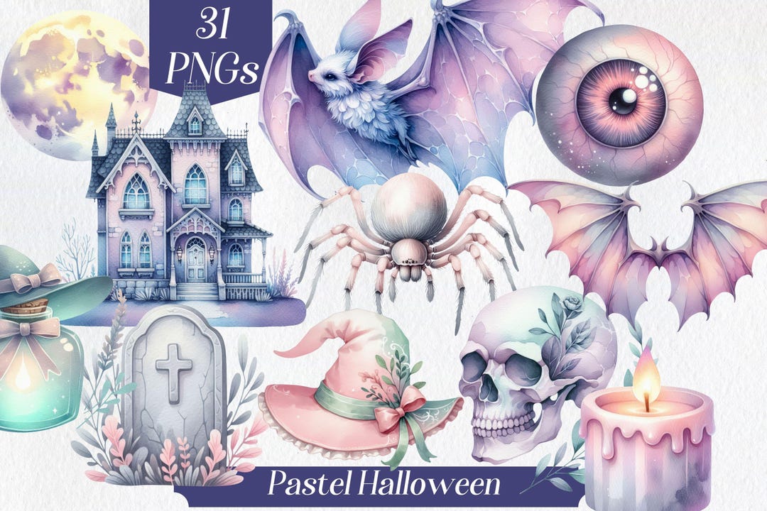 Pastel Halloween Clipart - Cute Spooky Art, Pastel Ghosts and Pumpkins ...